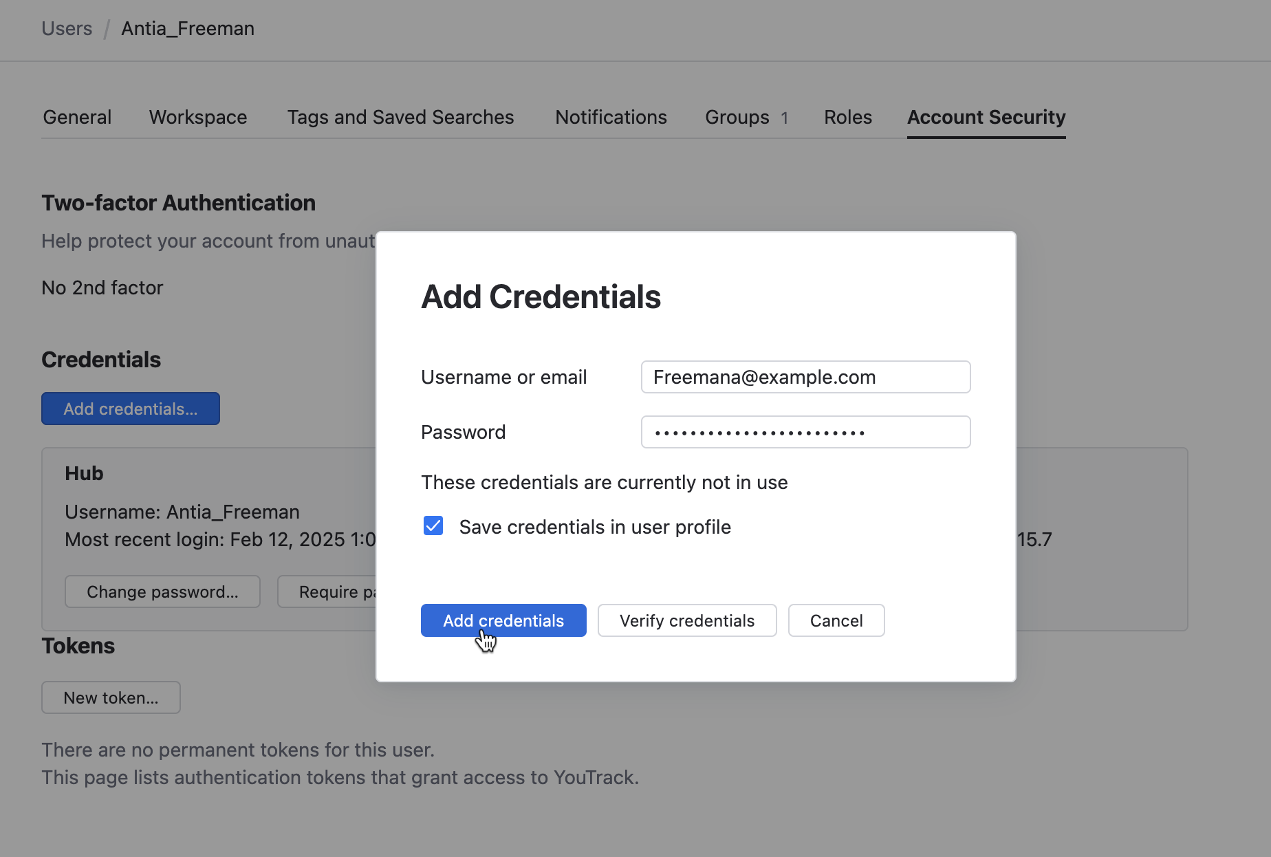Add Credentials to a Hub Account | YouTrack Server Documentation