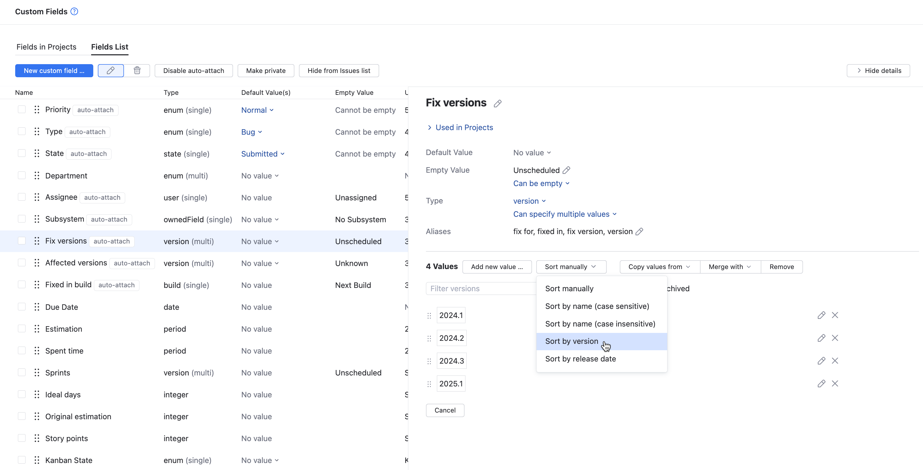 Manage Sets of Values | YouTrack Cloud Documentation