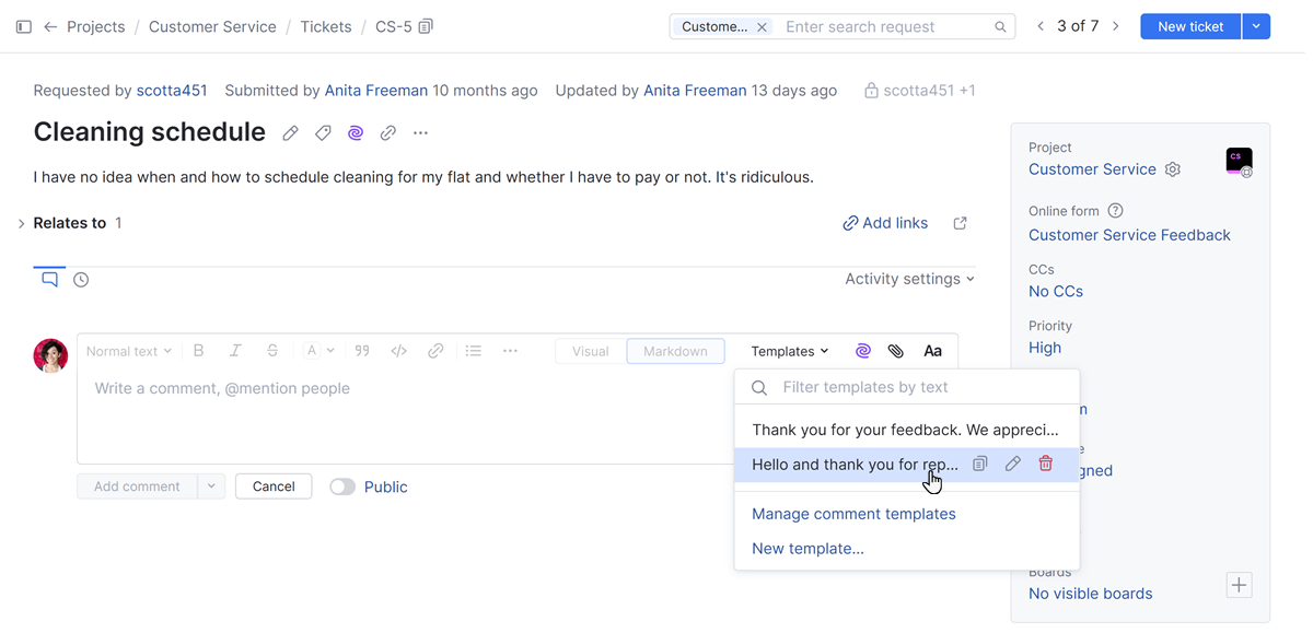 Comment Templates | YouTrack Cloud Documentation